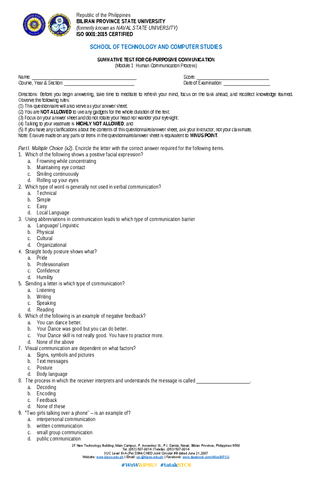 Summative test 1-PC - Republic of the Philippines BILIRAN PROVINCE ...