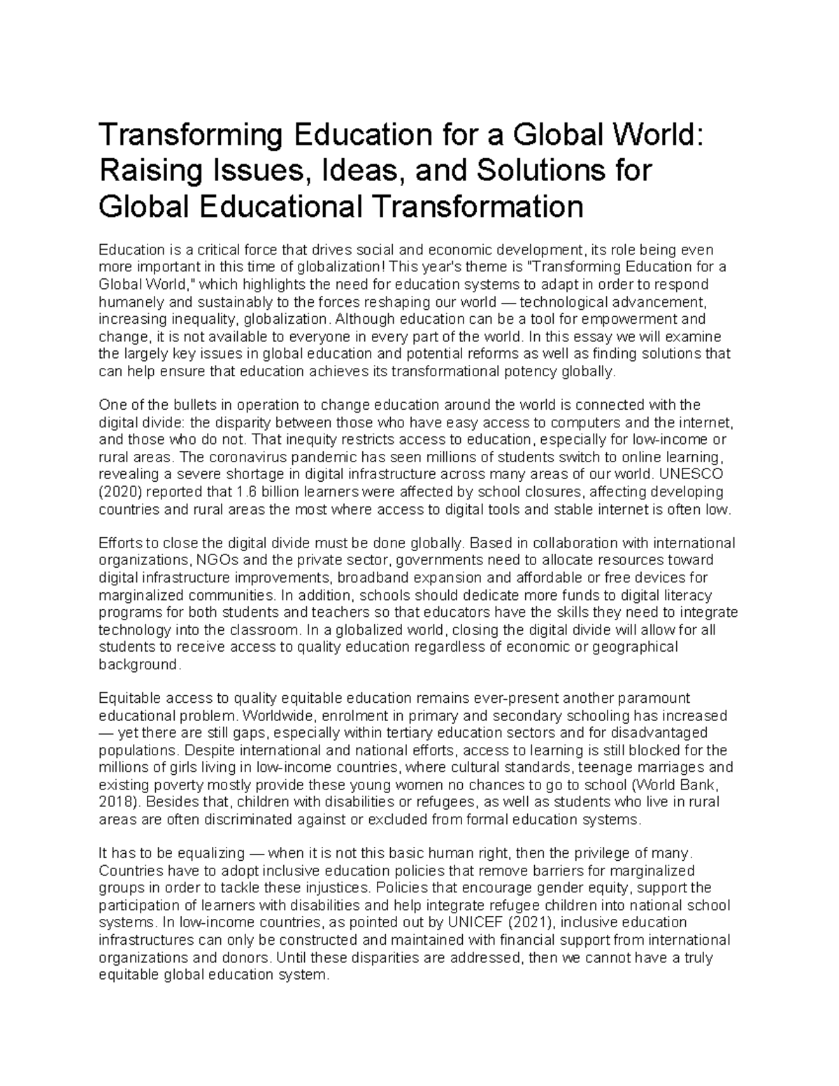 Essay Transforming Global Issues - Transforming Education for a Global ...