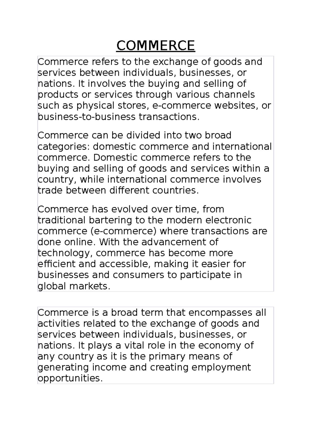 Commerce - COMMERCE Commerce refers to the exchange of goods and ...