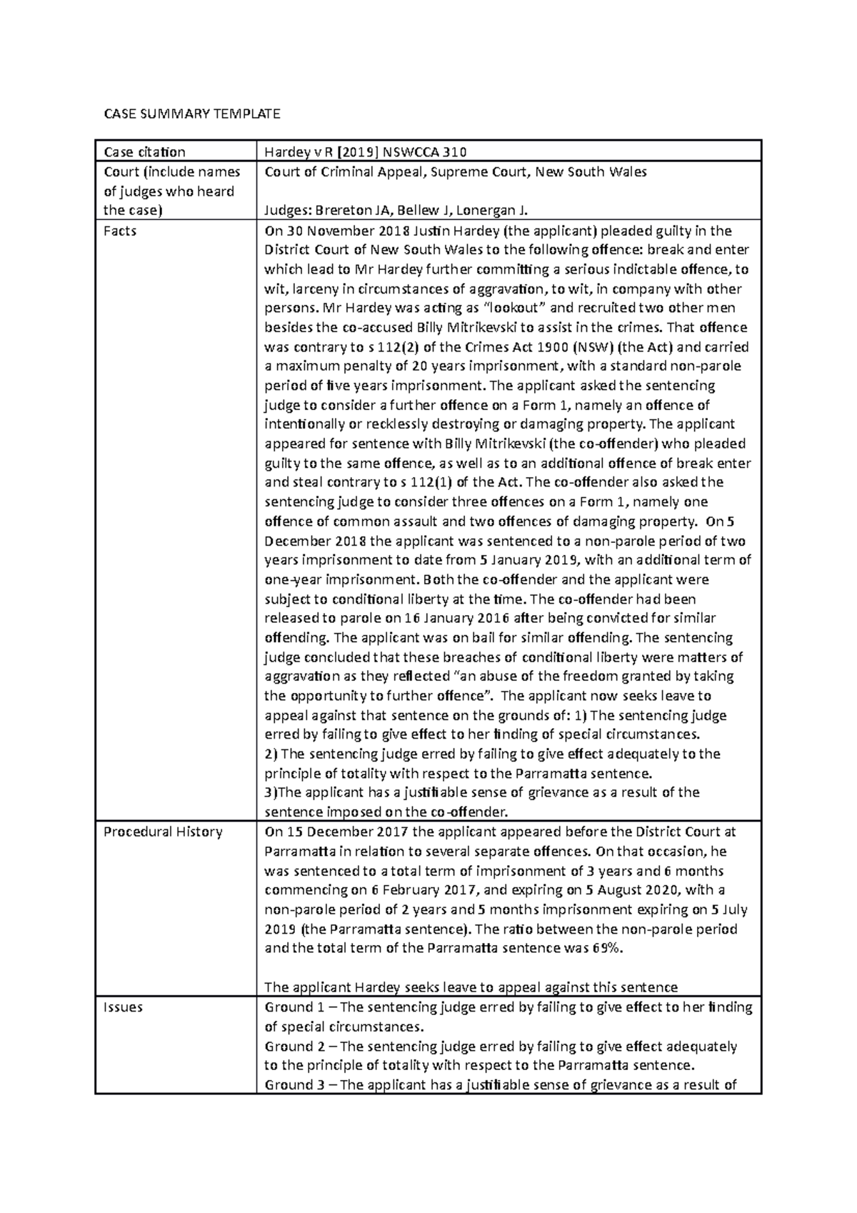 Hardey V R Case Study - CASE SUMMARY TEMPLATE Case citation Hardey v R ...