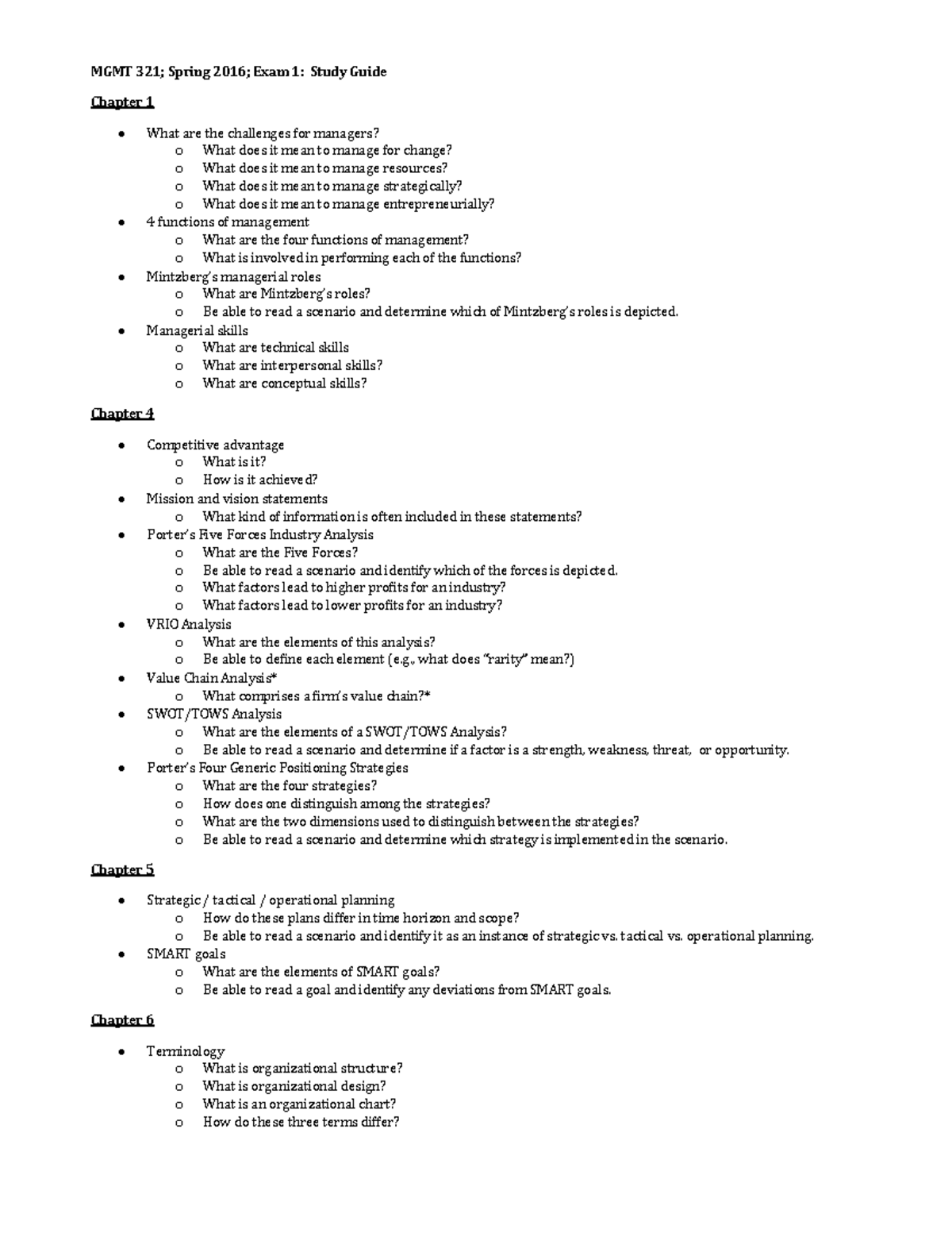 Exam 1 Study Guide - MGMT 321; Spring 2016; Exam 1: Study Guide Chapter ...