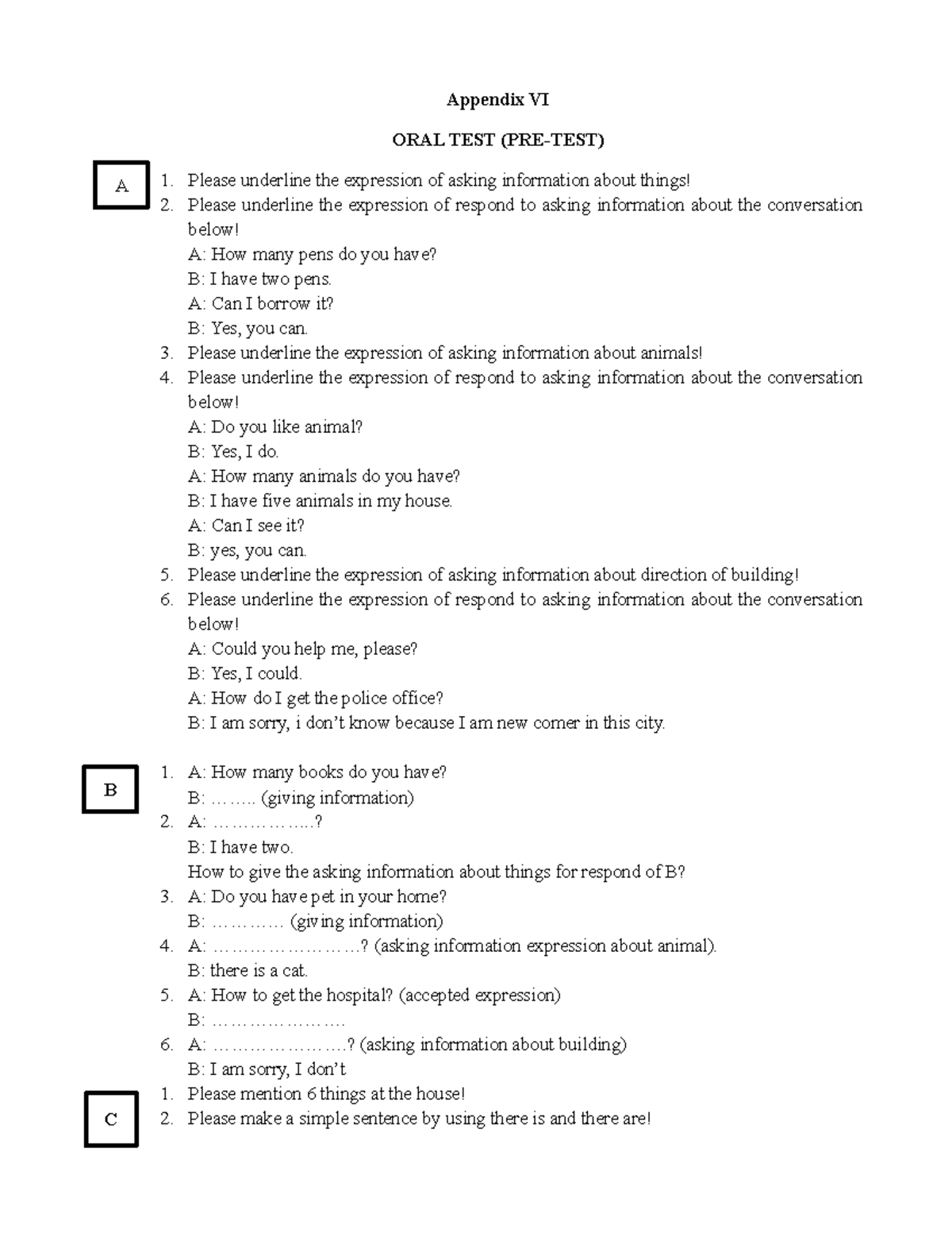 Appendix VI-VII ORAL TEST - Appendix VI ORAL TEST (PRE-TEST) Please ...