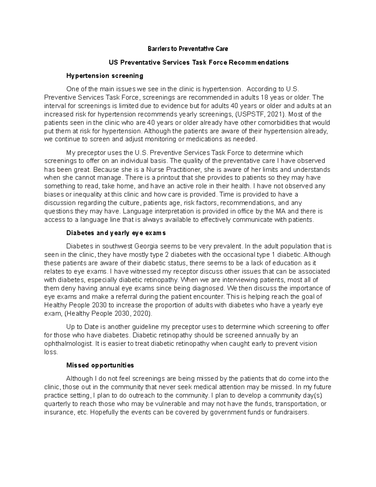 Barriers to Preventative Care - According to U. Preventive Services ...