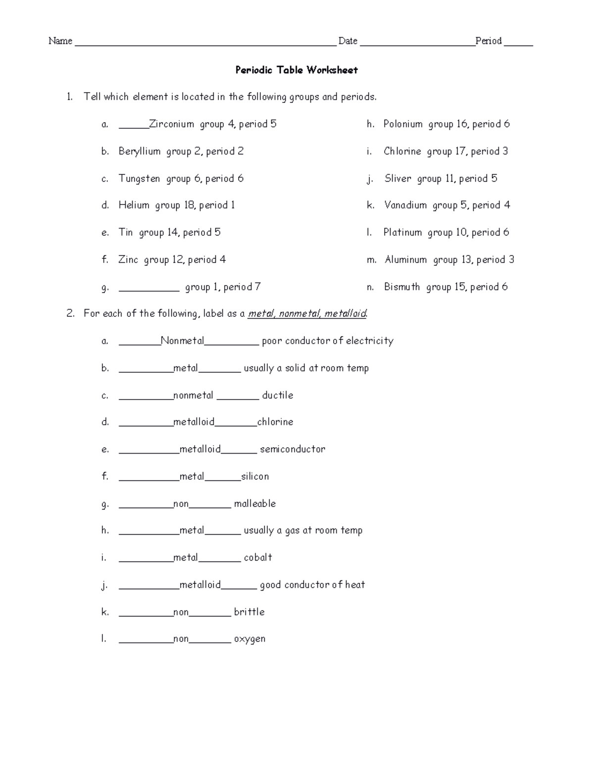 Periodic Table Problem Set - Name ...