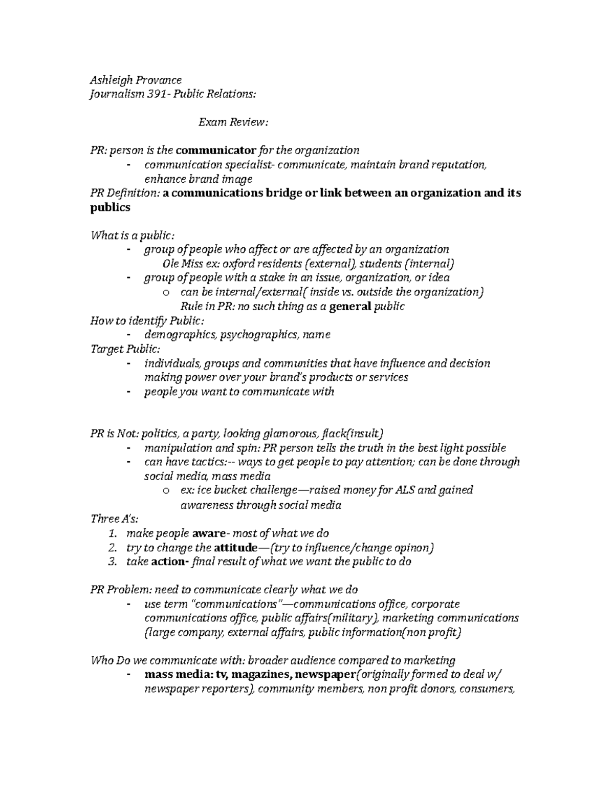 PR EXAM 1 Study Sheet - Ashleigh Provance Journalism 391- Public ...