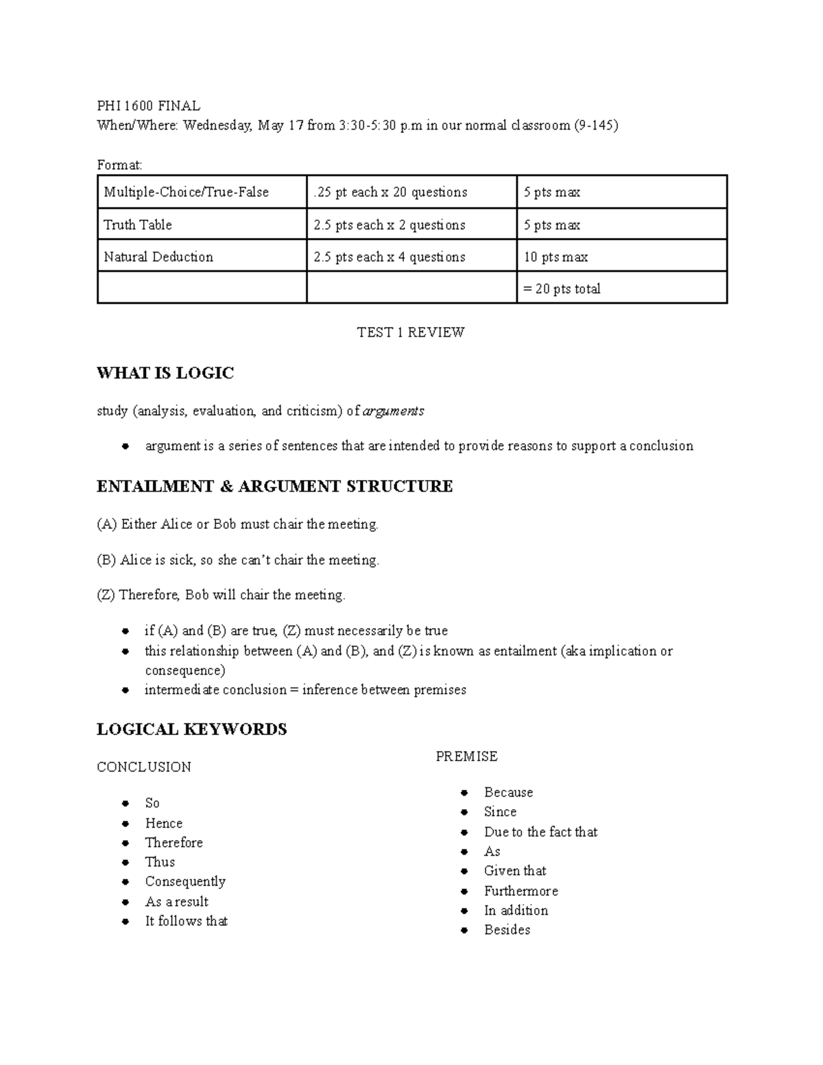 Phi 1600 Final Exam Study Guide - PHI 1600 FINAL When/Where: Wednesday ...