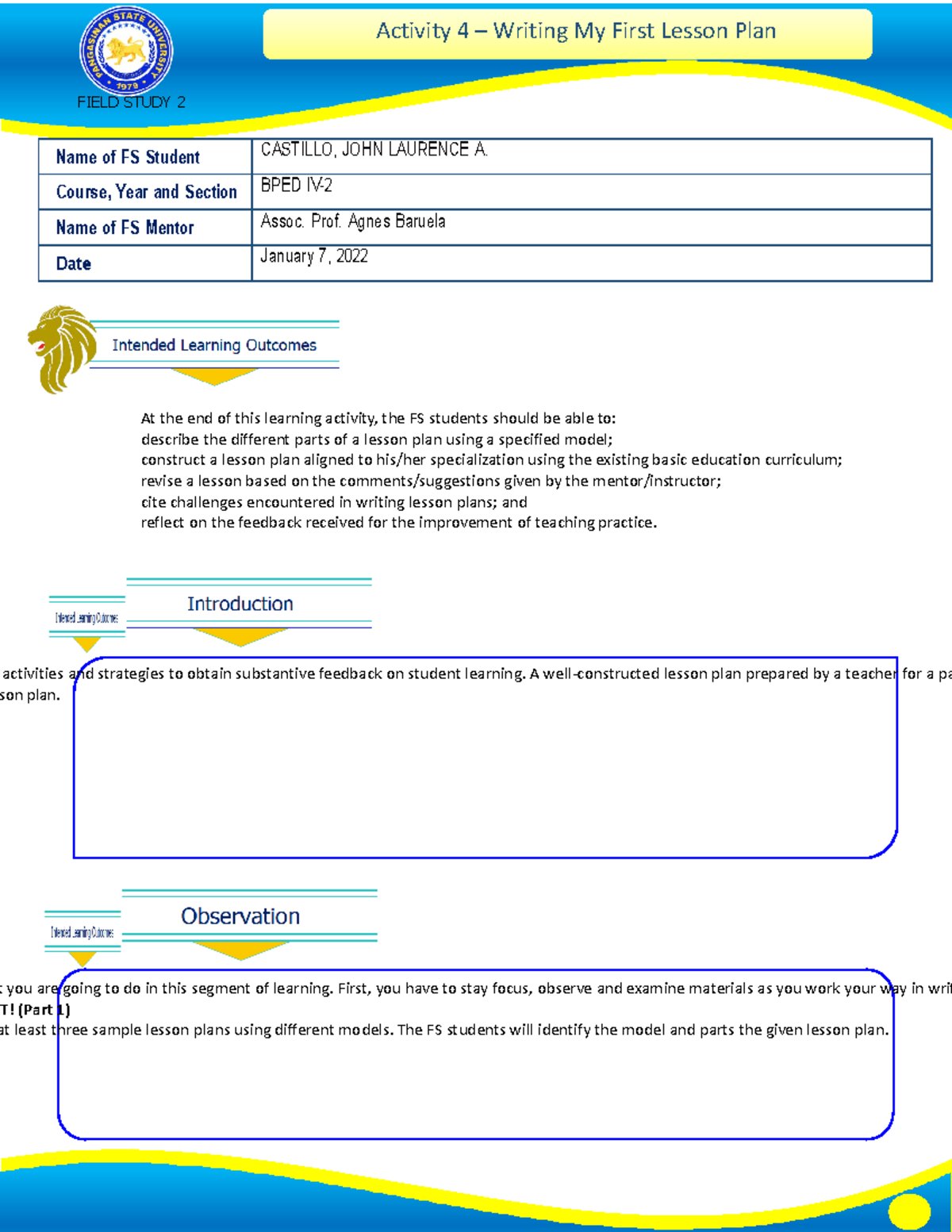 4 FS 2 Activity 4 Castillo John Laurence A - ####### E- PORTFOLIO FOR FIELD STUDY 2 Domain 4 ...