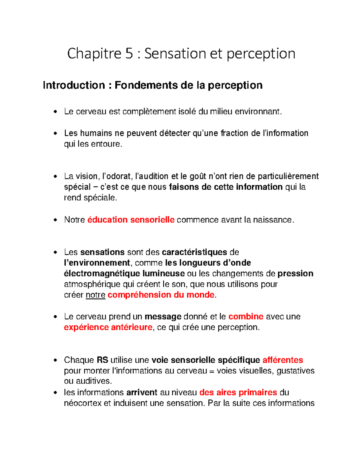 Chapitre 5 PSY 1501 resume - Chapitre 5 : Sensation et perception ...