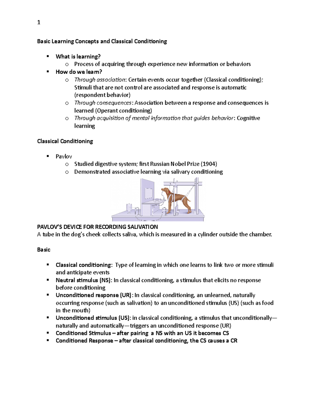 Psych Chap 7 - lecture notes - Basic Learning Concepts and Classical ...