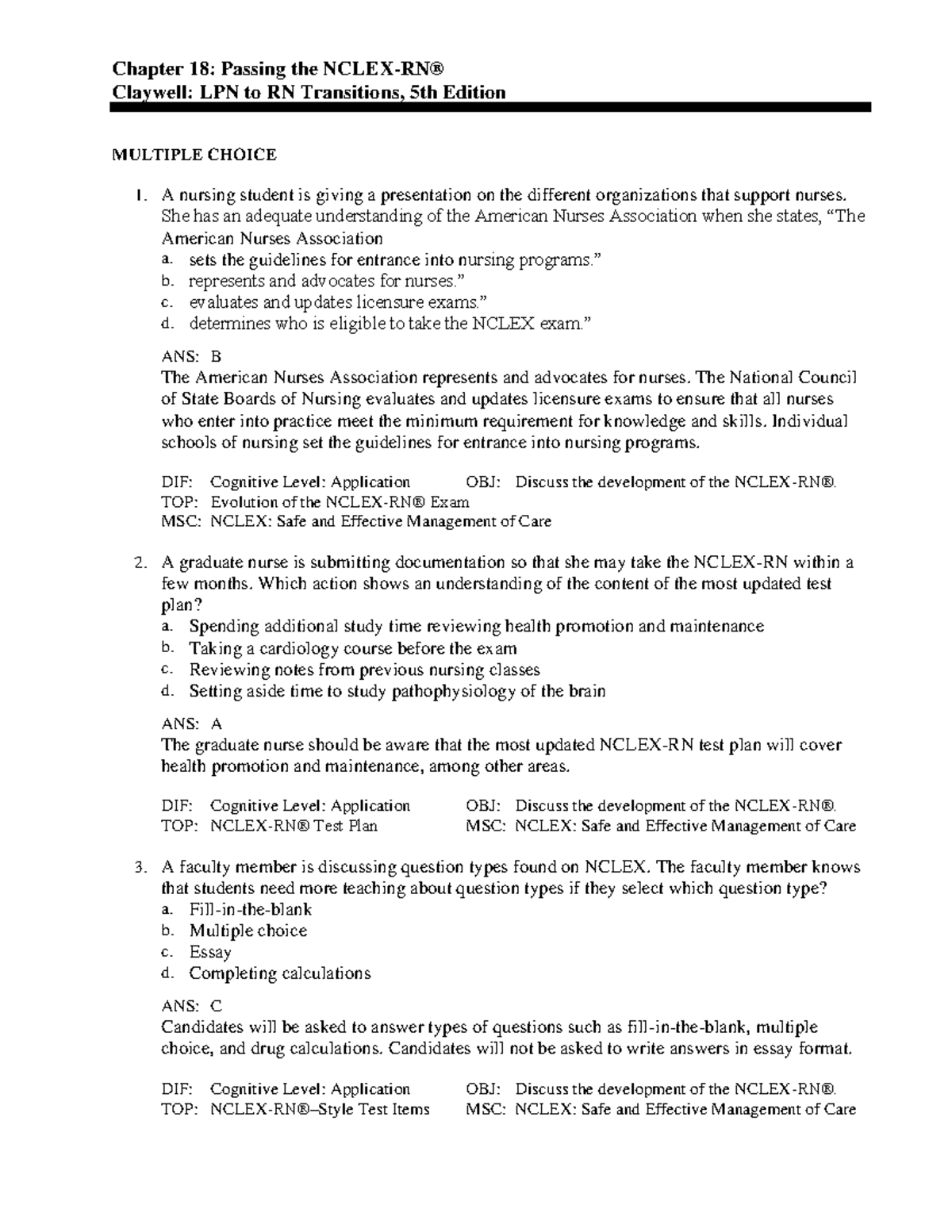 18 - study guide - Chapter 18: Passing the NCLEX-RN® Claywell: LPN to ...
