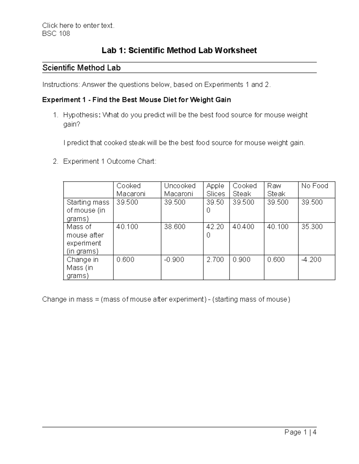 Lab 1 Scientific Method Lab Worksheet - BSC 108 Lab 1: Scientific ...