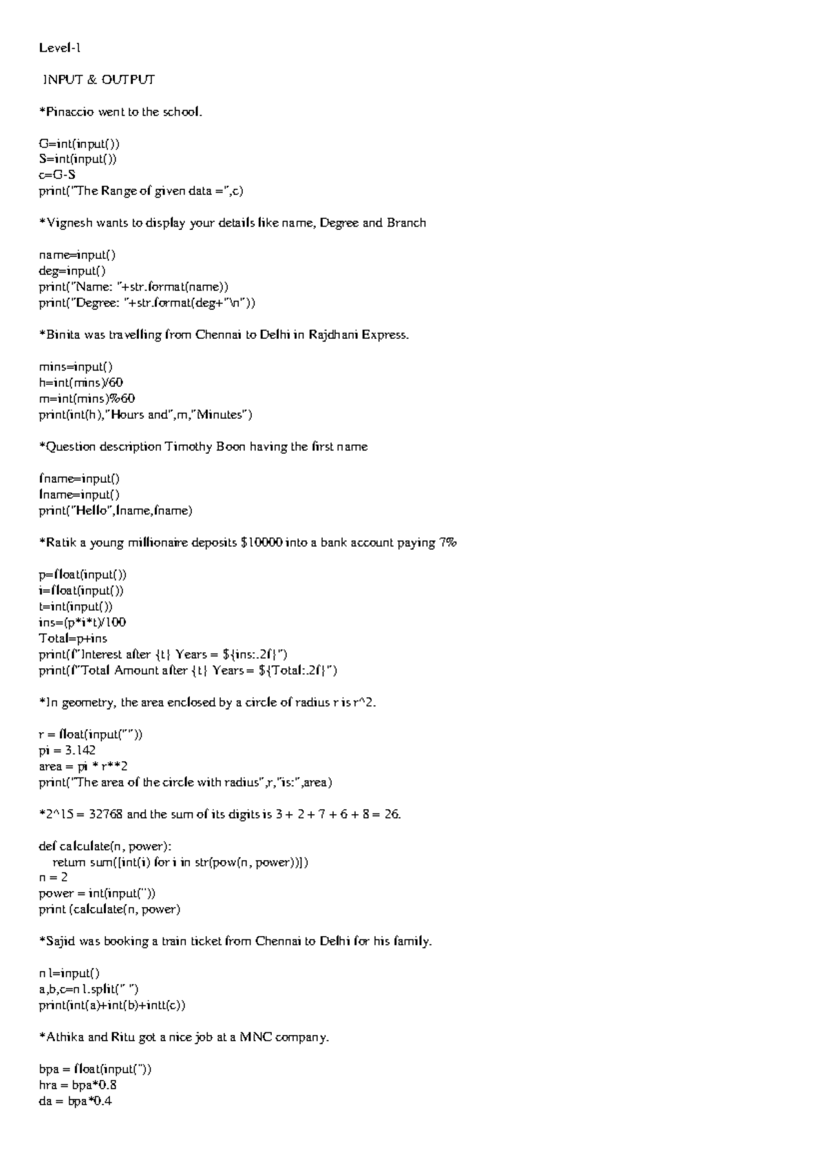 Python Elab Level 1 Input And Output Pinaccio Went To The School G