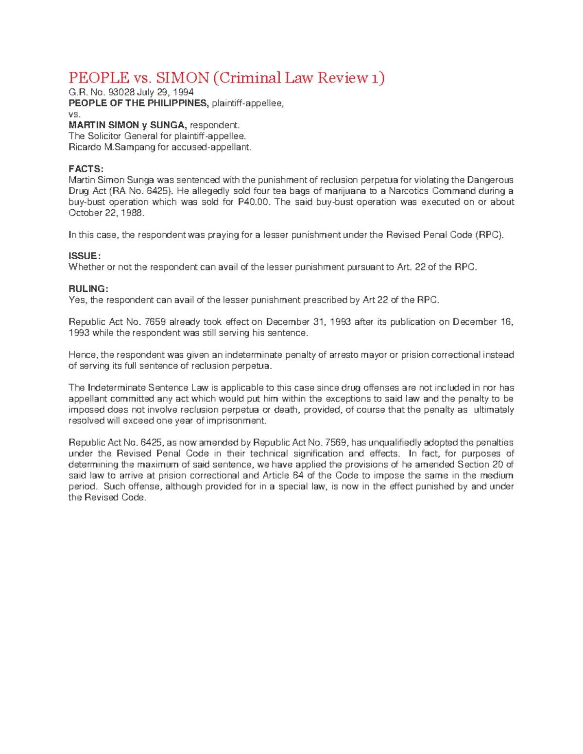 Pdfcoffee - law - PEOPLE vs. SIMON (Criminal Law Review 1) G. No. 93028 ...