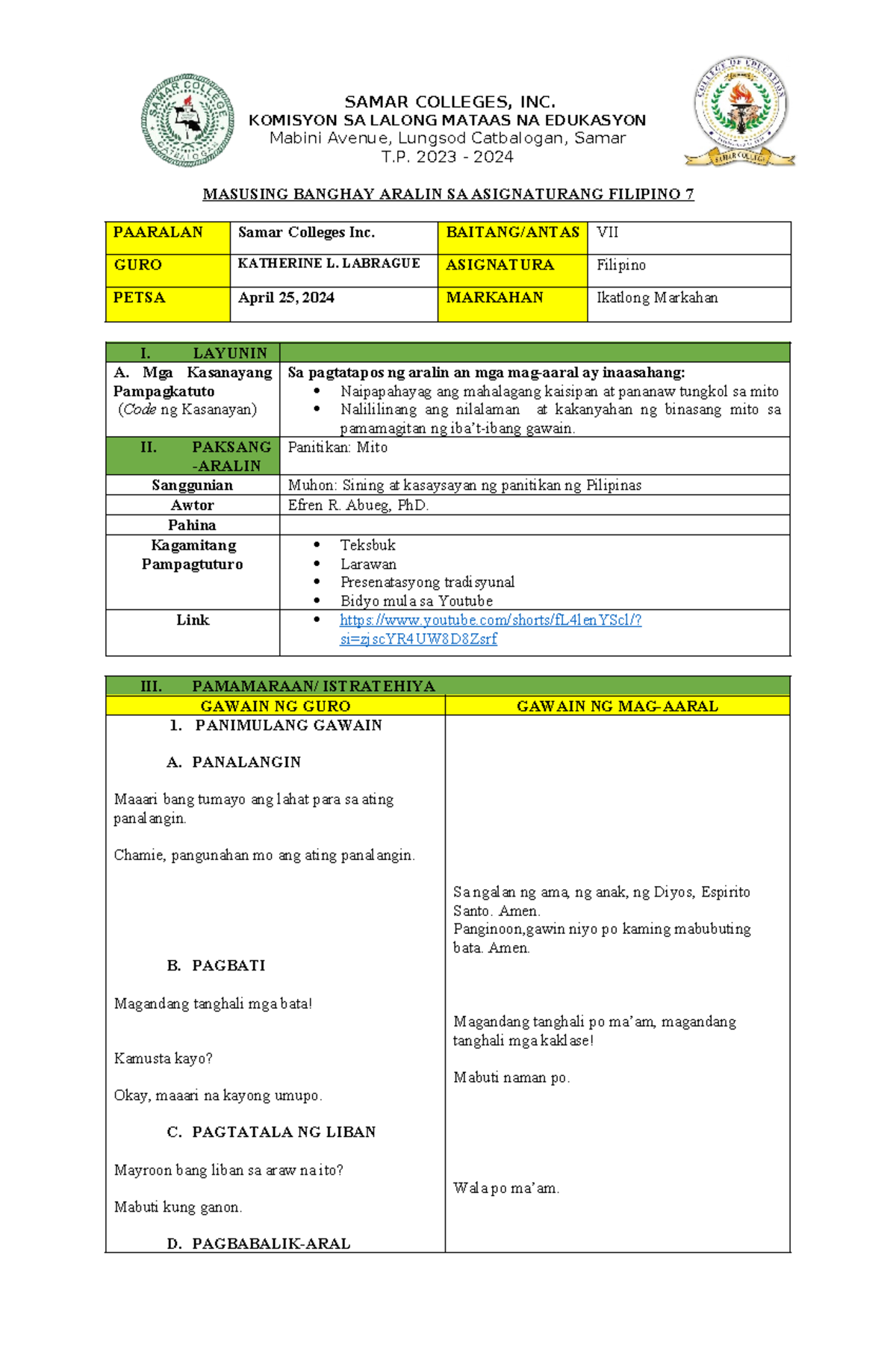 Katherine-LP- Panitikan - SAMAR COLLEGES, INC. KOMISYON SA LALONG ...