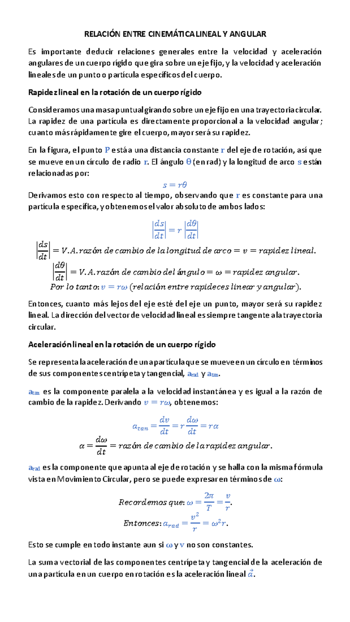 Relacion entre cinematica lineal y angular - RELACIÓN ENTRE CINEMÁTICA ...