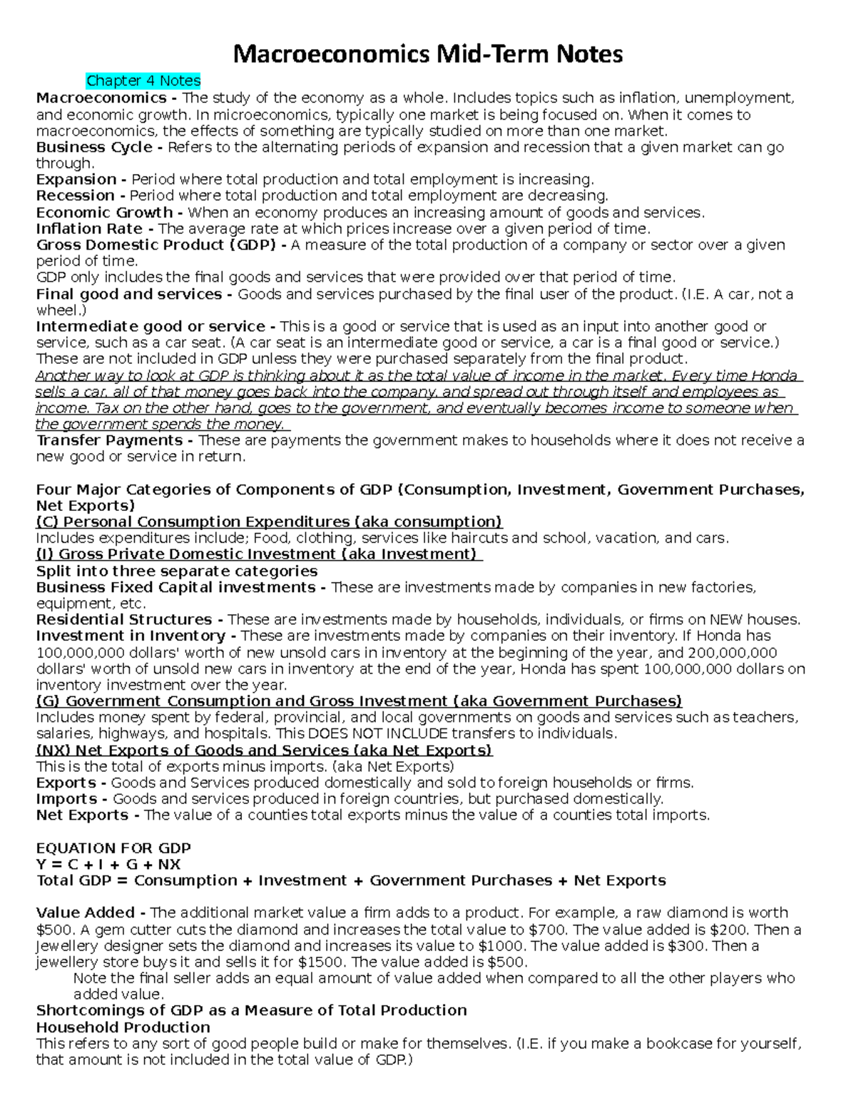 Macroeconomics Final Exam Notes - Macroeconomics Mid-Term Notes Chapter ...