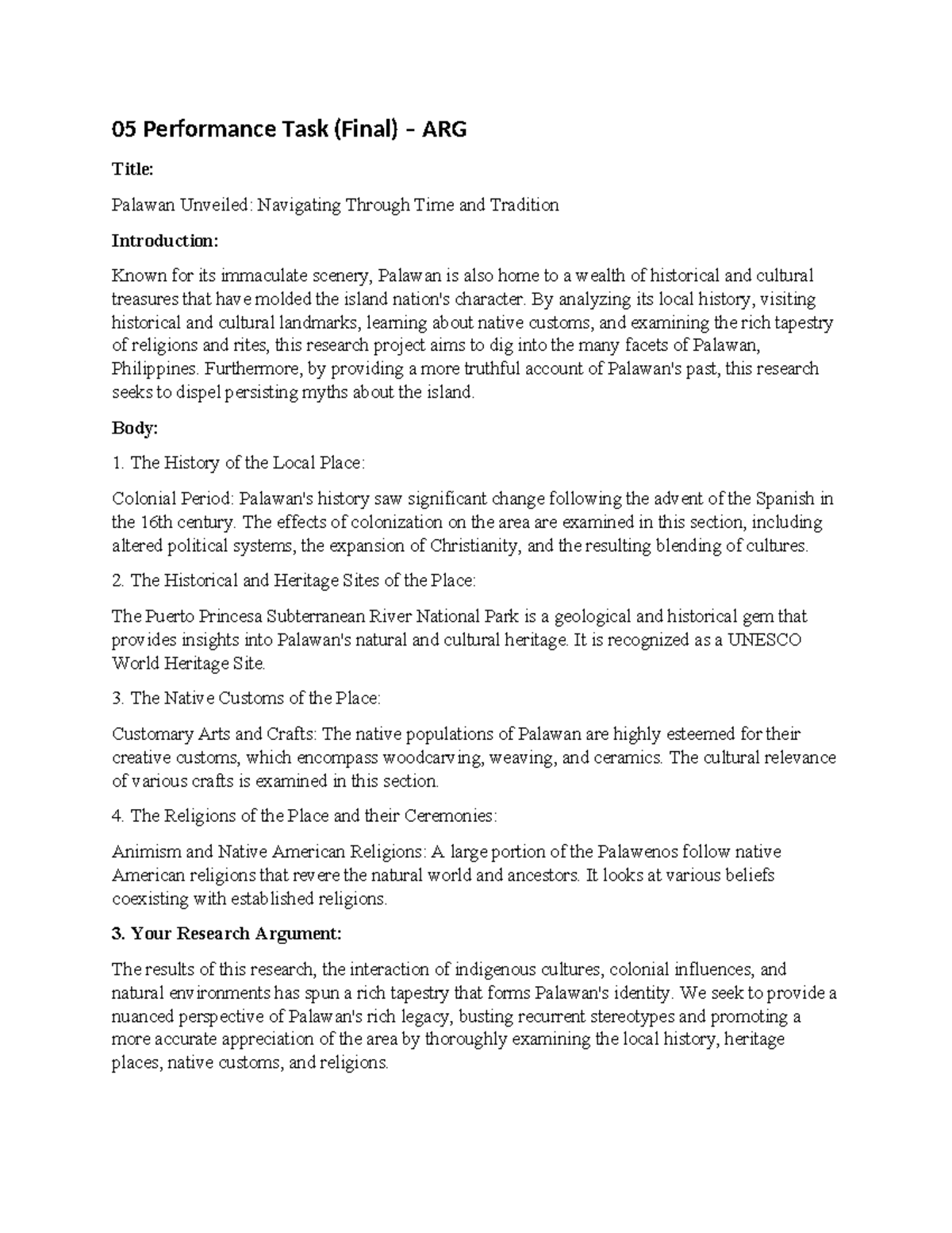 RPH TP - RPH Task Performace - 05 Performance Task (Final) – ARG Title: Palawan Unveiled ...