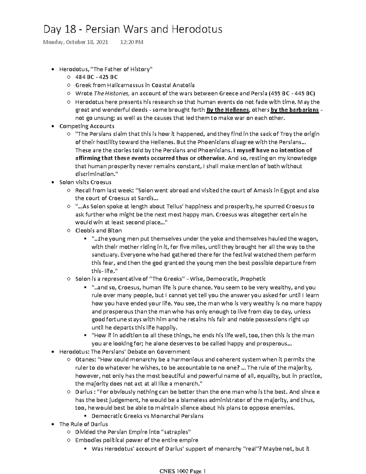 Day 18 - Persian Wars and Herodotus - Herodotus, "The Father of History" 484 BC - 425 BC - Studocu