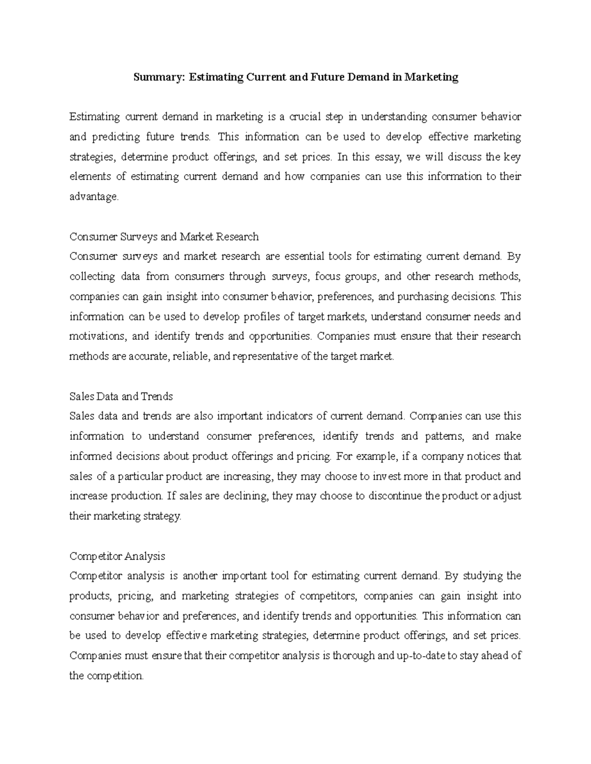 Summary Estimating Current and Future Demand in Marketing Summary ...