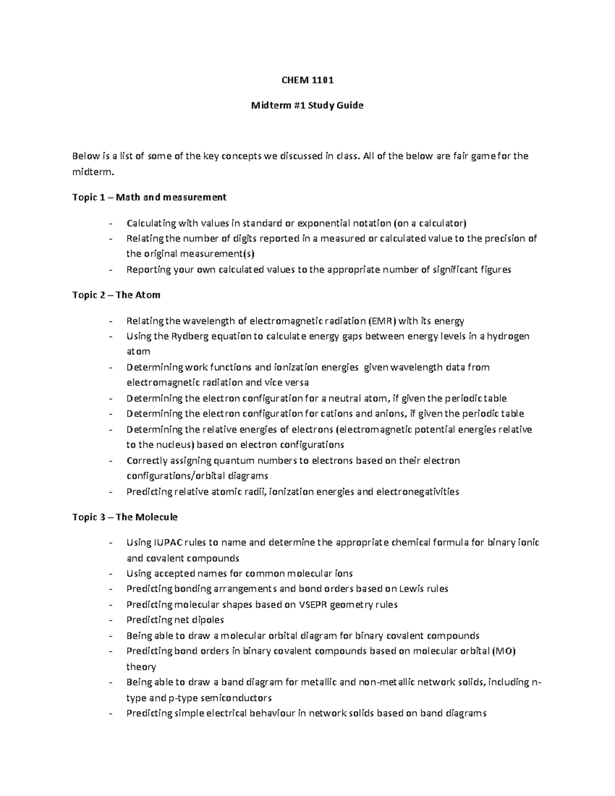 Midterm 1 study guide - CHEM 1101 Midterm #1 Study Guide Below is a list of some of the key ...