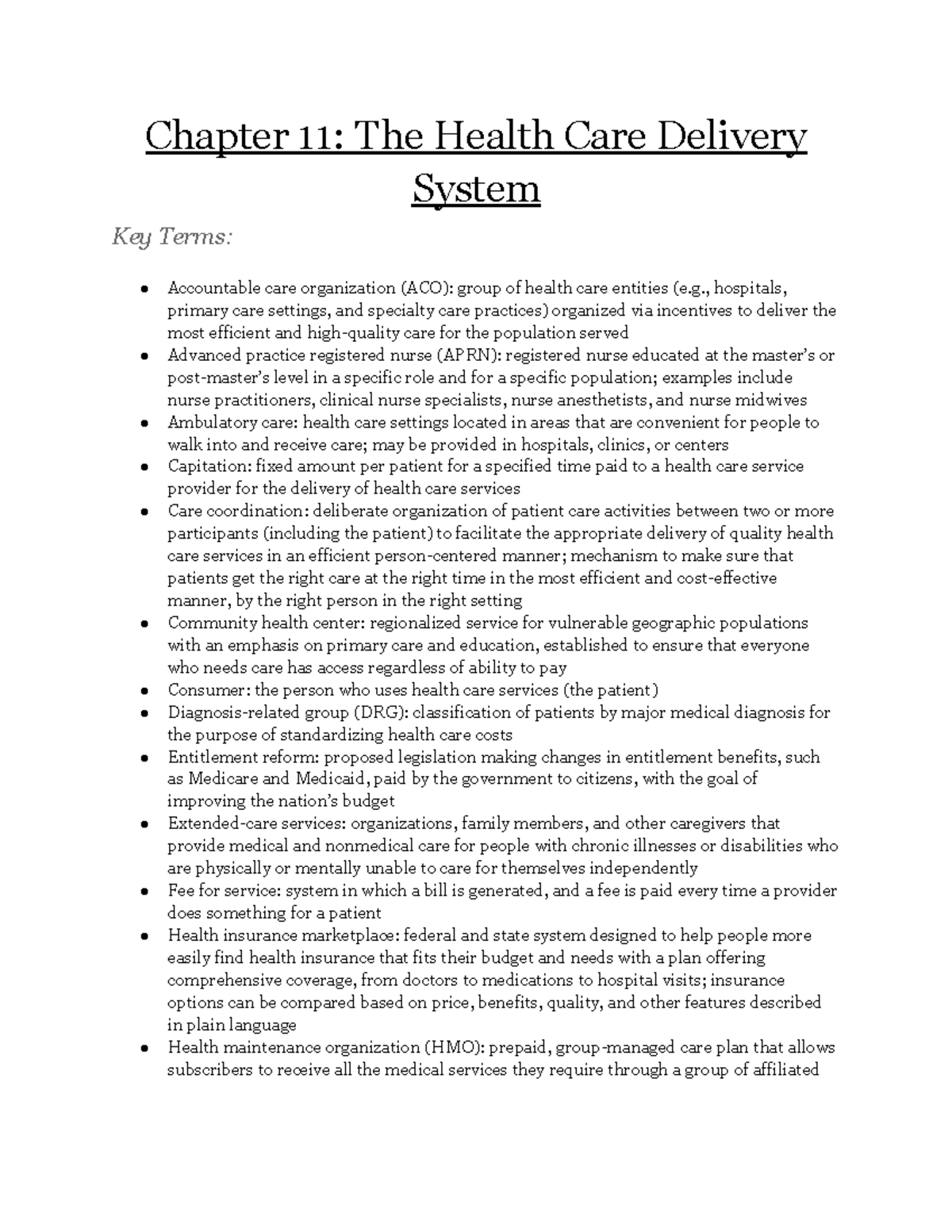 Chapter 11 Notes - Lipsmeyer - Chapter 11: The Health Care Delivery ...