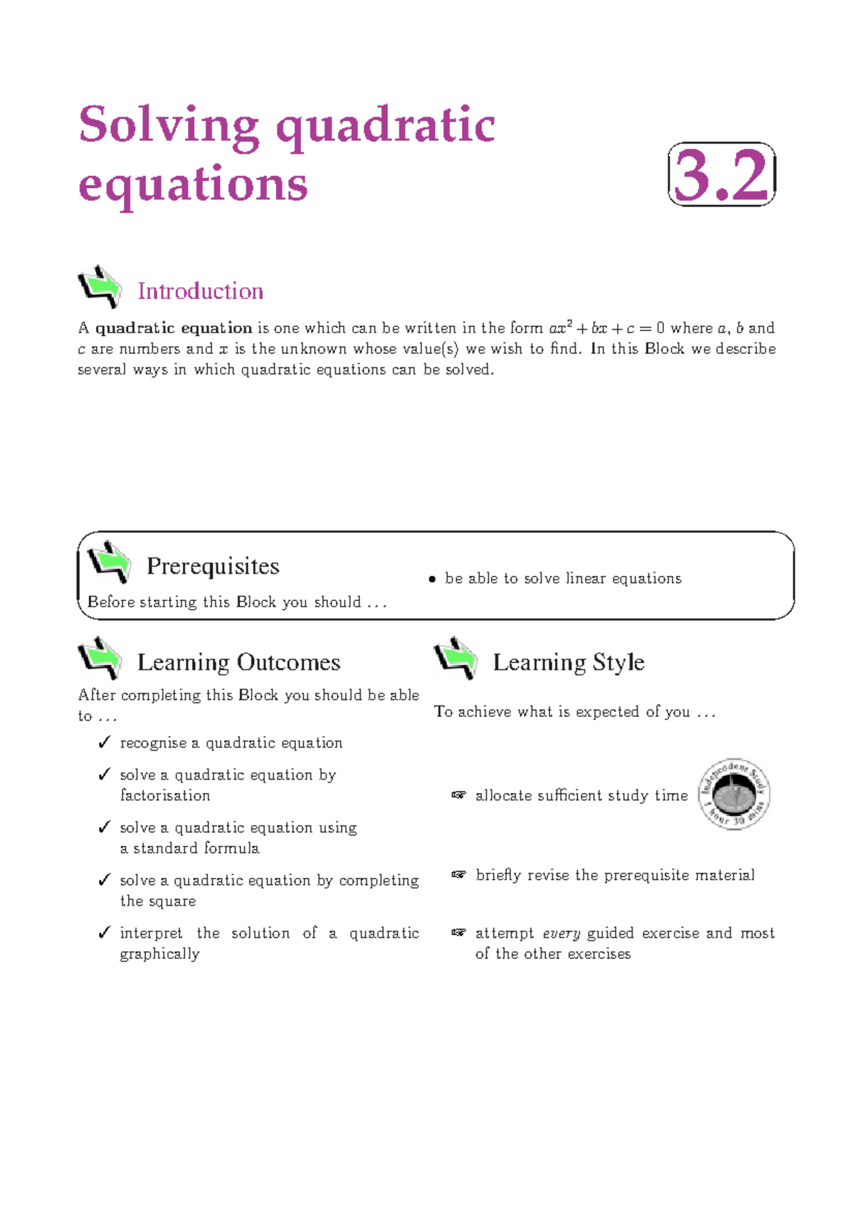 3.2. Solving quadratic equations. Introduction. Prerequisites. Learning ...
