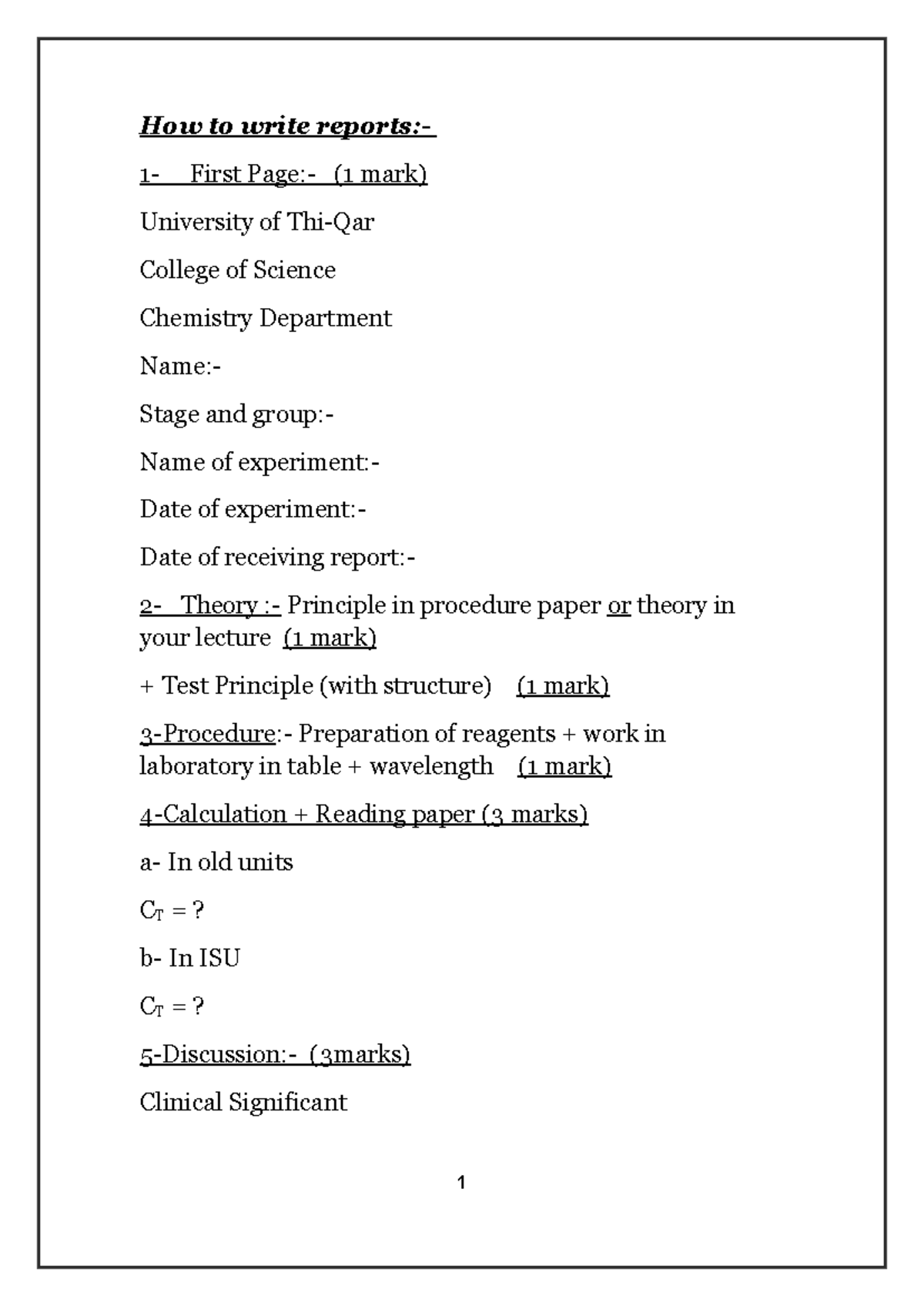 practical chemistry - How to write reports:- 1- First Page:- (1 mark ...