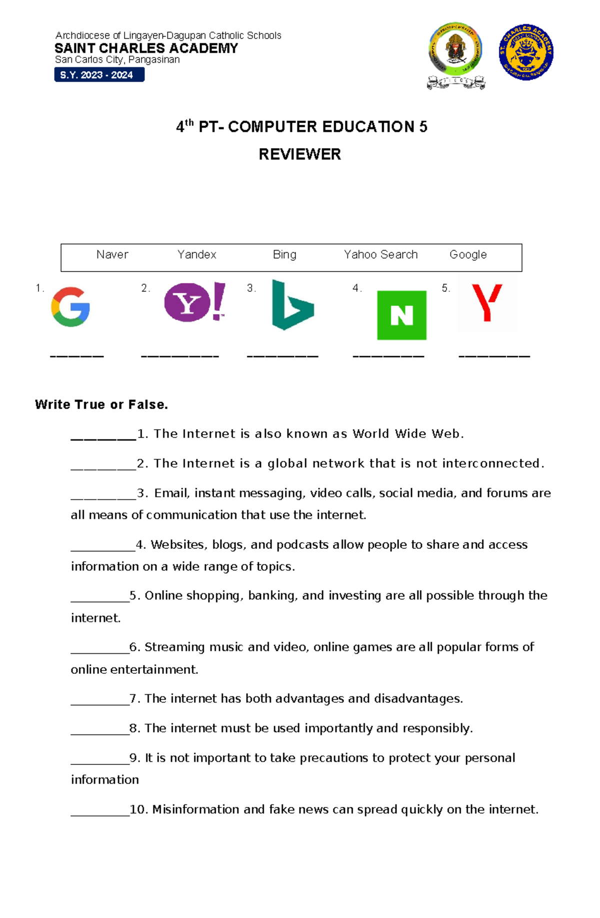 COMP4th PT - djncj - 4 th PT- COMPUTER EDUCATION 5 REVIEWER 1. 2. 3. 4 ...