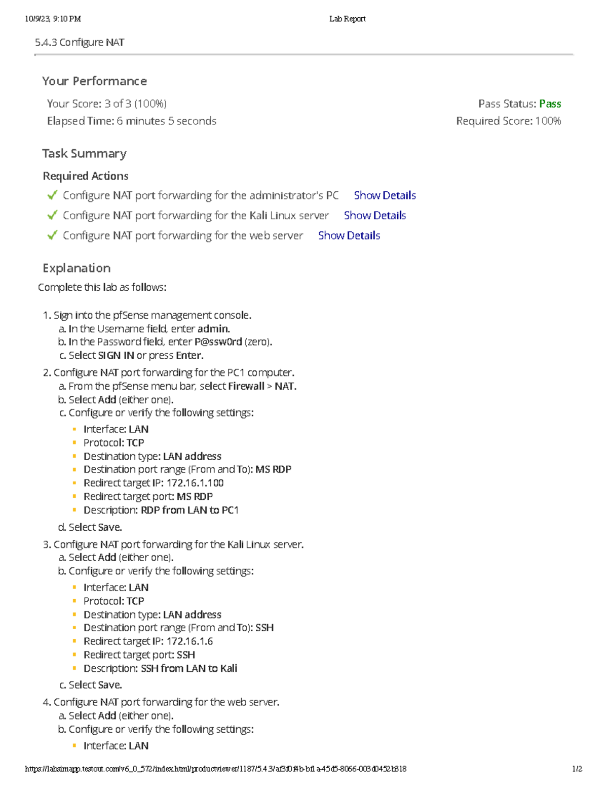 5.4.3 Configure NAT - 10/9/23, 9:10 PM Lab Report - Studocu