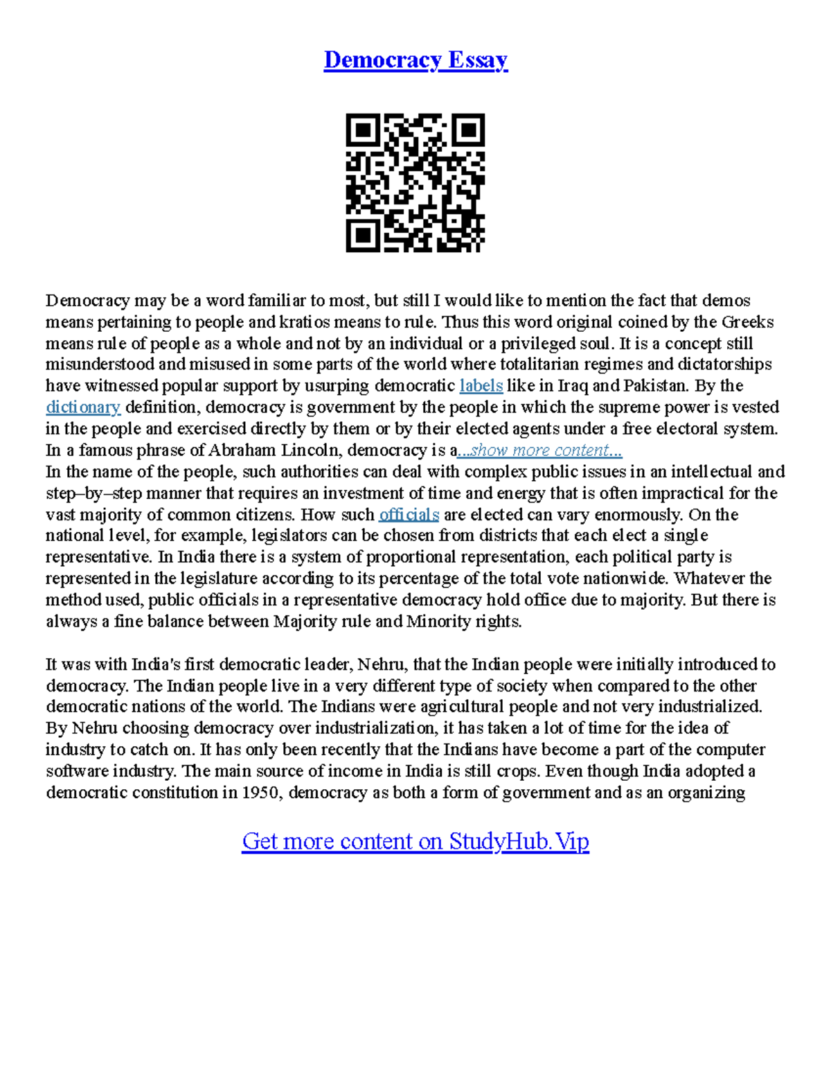 Democracy Essays - Democracy Essay Democracy may be a word familiar to ...