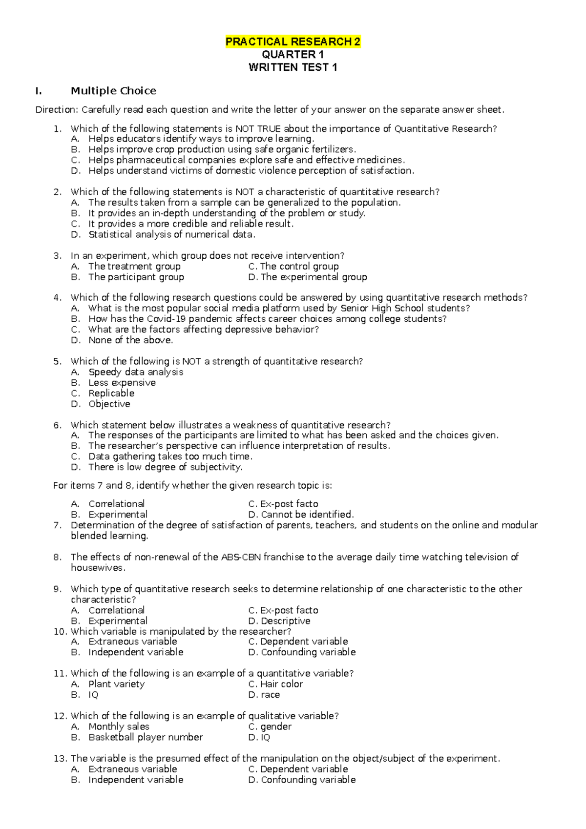 Practical Research 2 WT1 - PRACTICAL RESEARCH 2 QUARTER 1 WRITTEN TEST ...