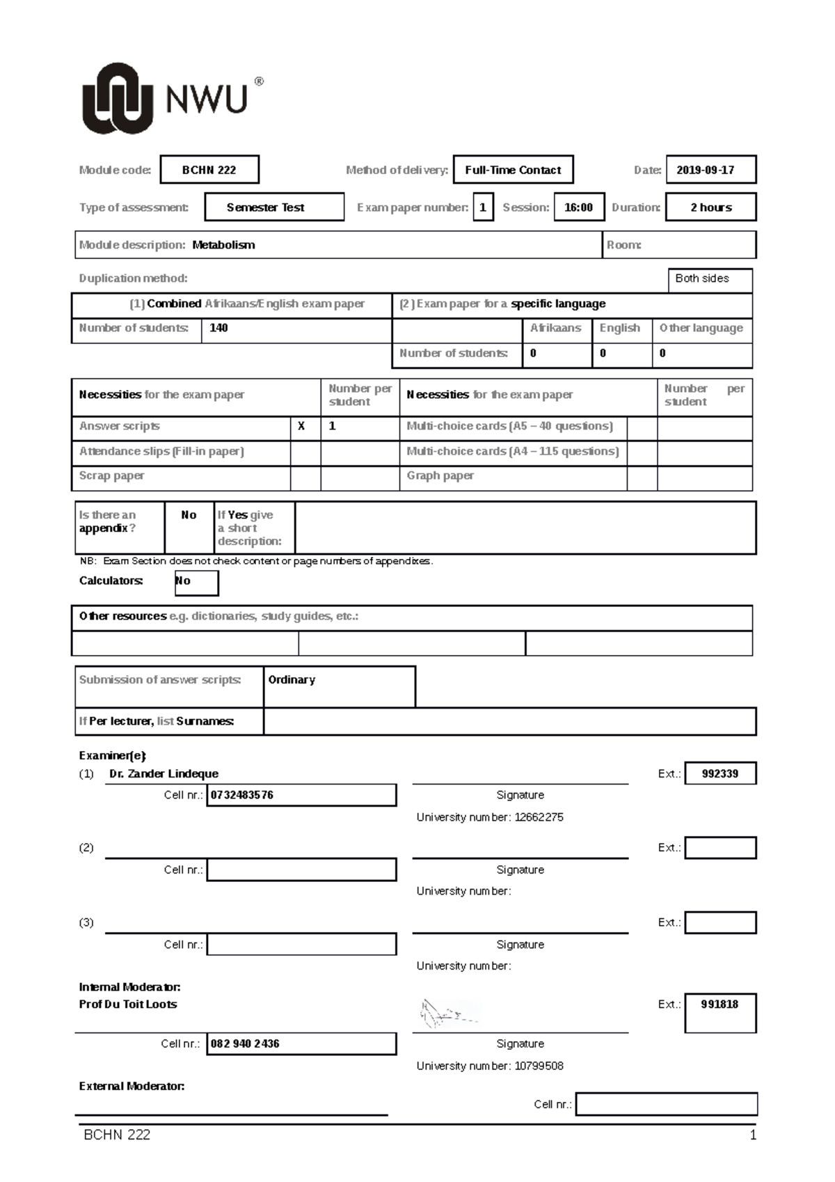Semester Test 2019 Memo - Module code: BCHN 222 Method of delivery ...