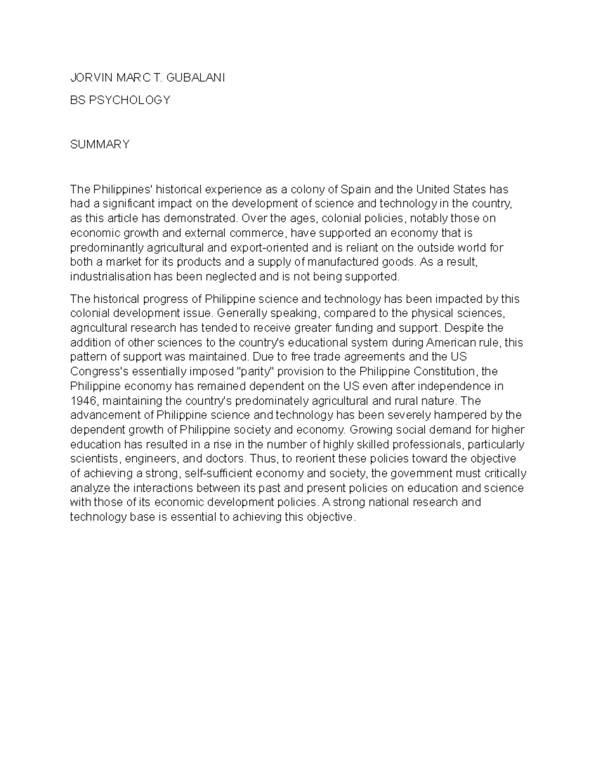 Sts summary - JORVIN MARC T. GUBALANI BS PSYCHOLOGY SUMMARY The ...