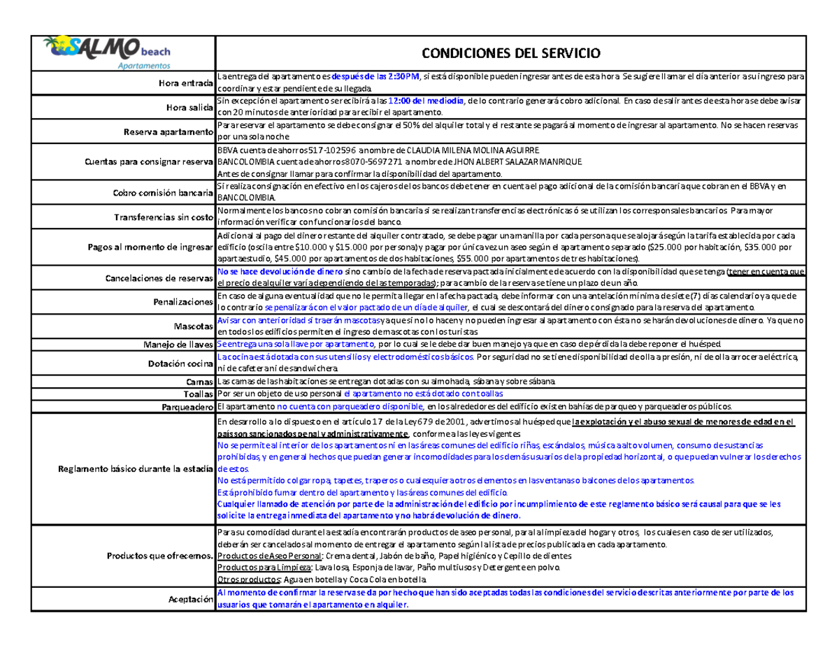 Condiciones del Servicio-2 - Hora entrada La entrega del apartamento es después de las 2:30PM ...