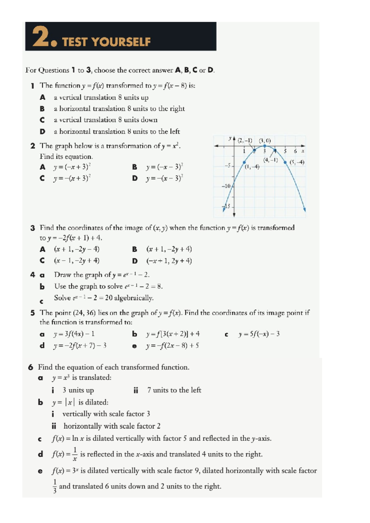 Transformations of Functions Review - 2. TEST YOURSELF For Questions 1 ...