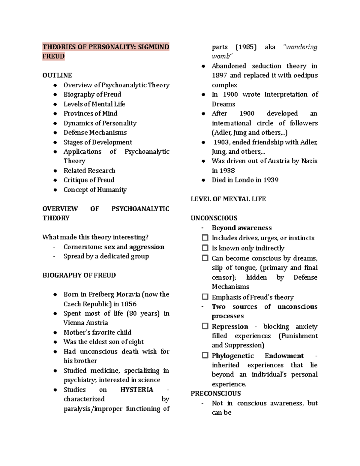 Theop Prelim - THEO211 REVIEWER - THEORIES OF PERSONALITY: SIGMUND ...
