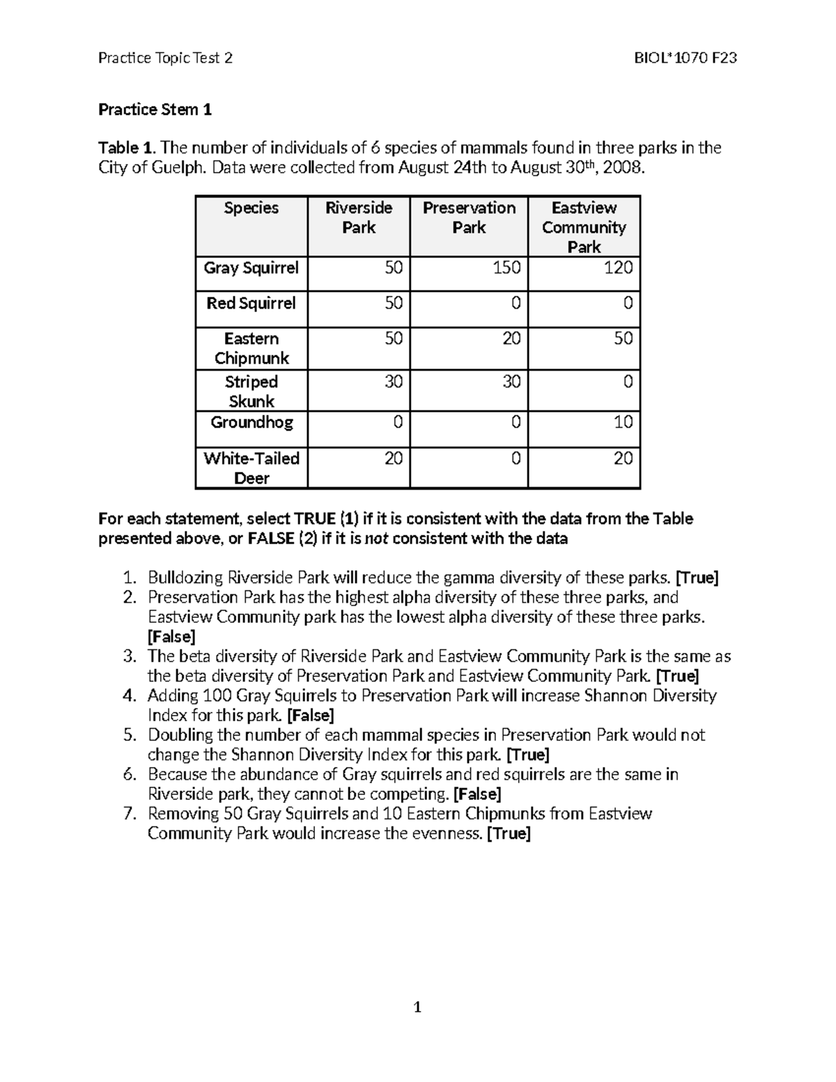 Practice Topic Test 2 - With Answers - Practice Stem 1 Table 1. The ...