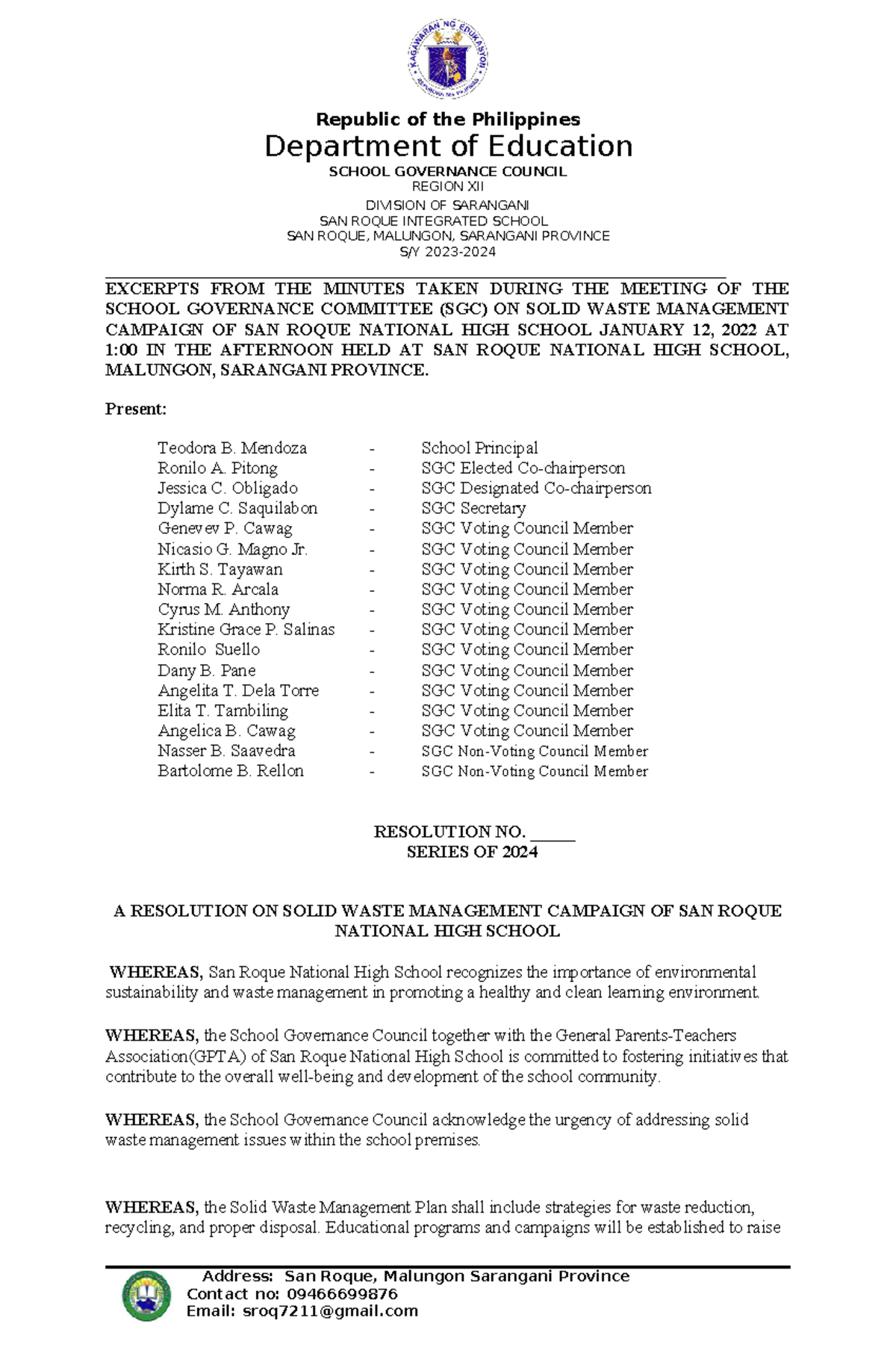 Resolution No. - Solid Waste Management Campaign - Republic of the ...