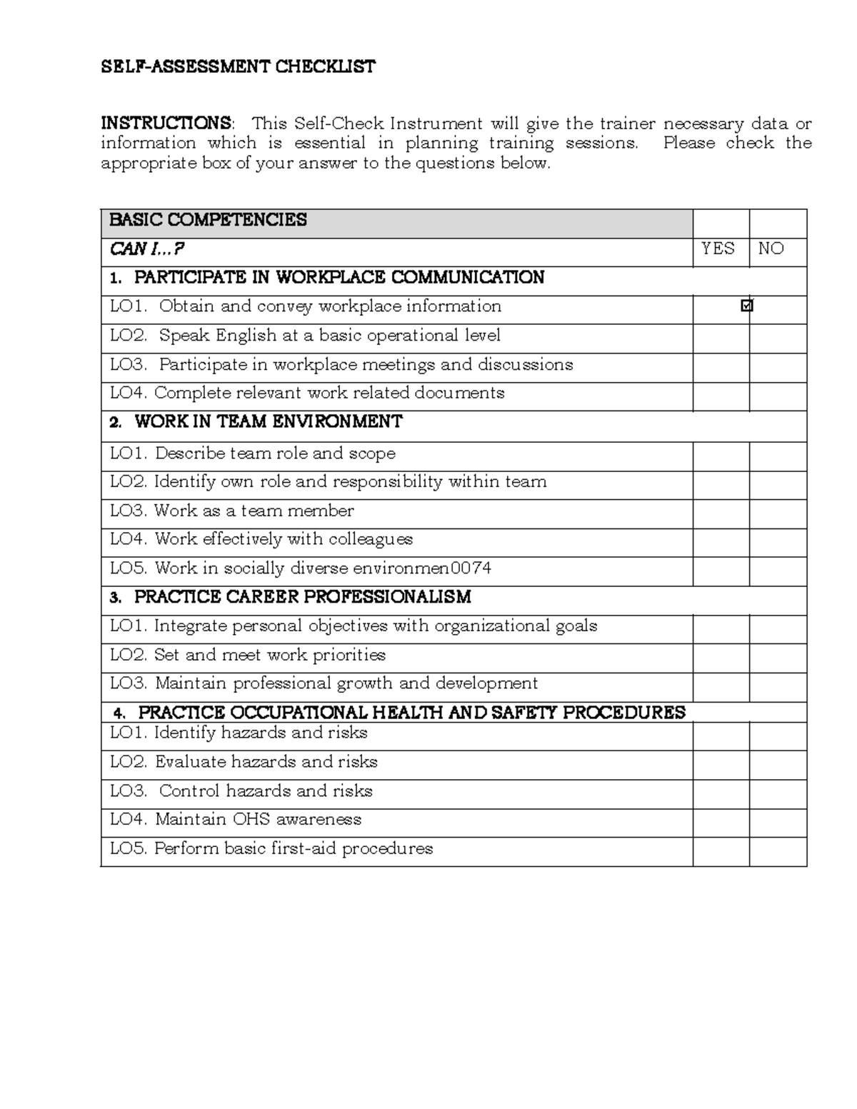 FORM 1.1- SELF Assessment Checklist - SELF-ASSESSMENT CHECKLIST INSTRUCTIONS: This Self-Check ...