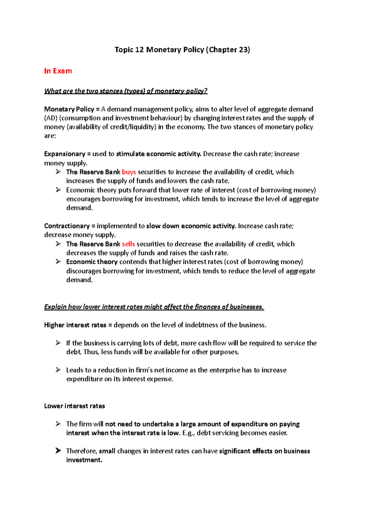 Topic 12 Monetary Policy - Topic 12 Monetary Policy (Chapter 23) In ...