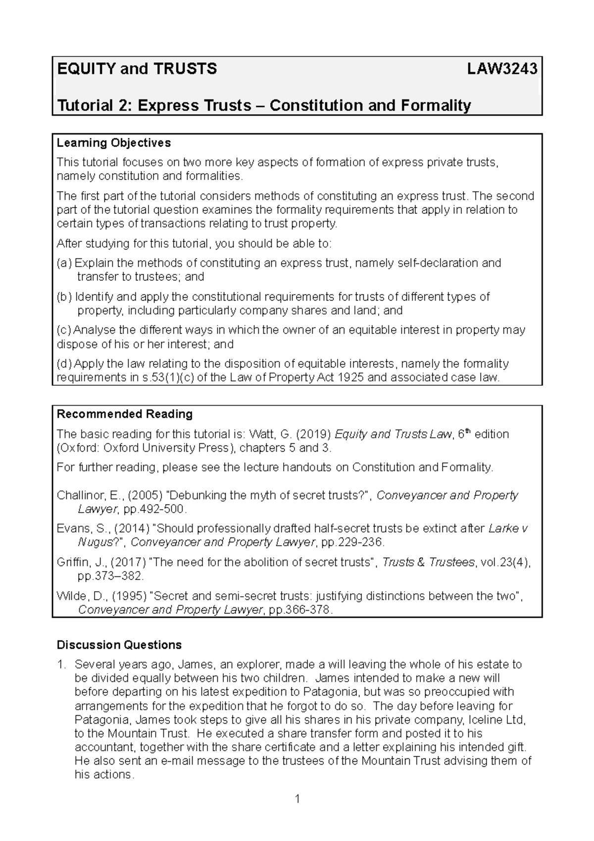 Tutorial 2 - Constitution and Formality - EQUITY and TRUSTS LAW ...