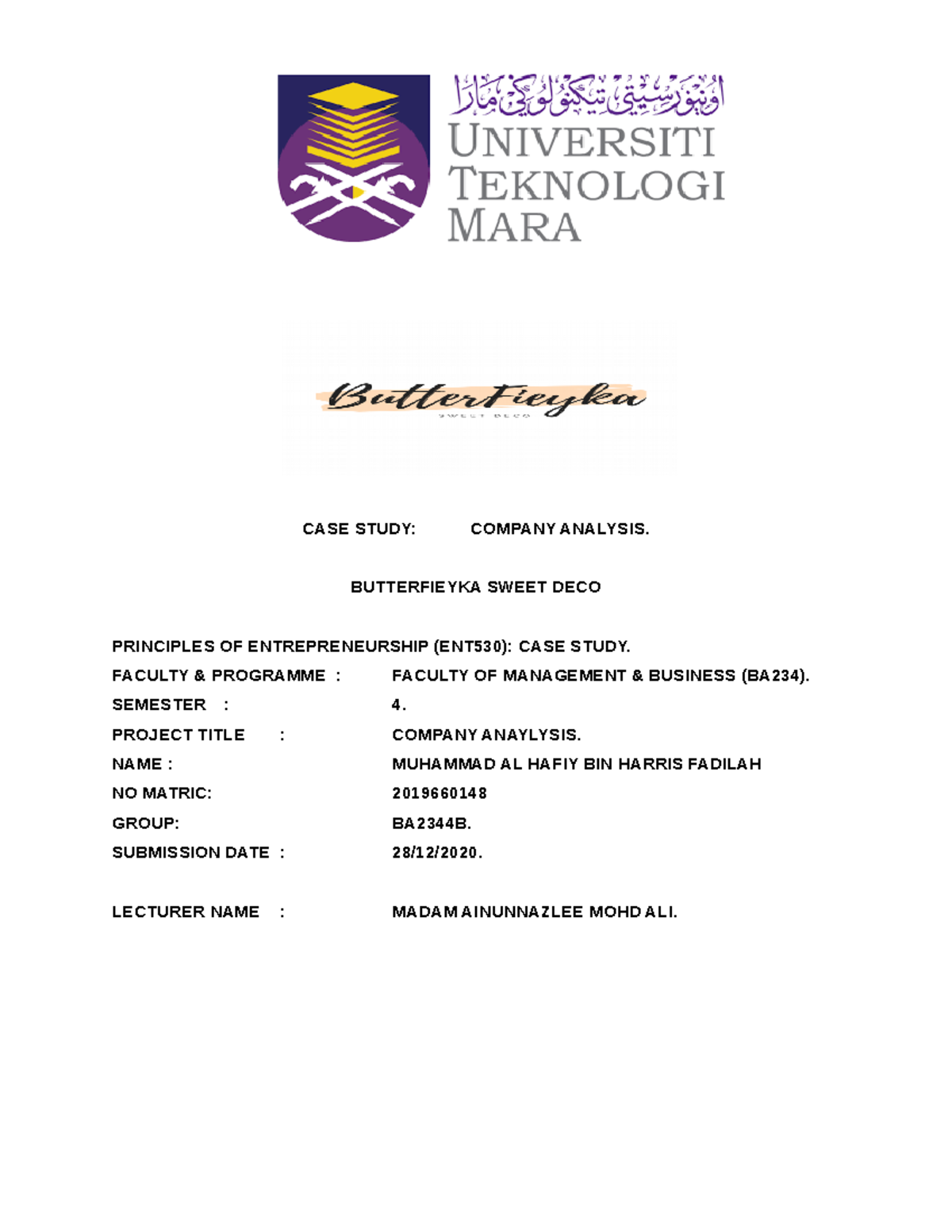 ENT530 Case Study Report Al - CASE STUDY: COMPANY ANALYSIS ...
