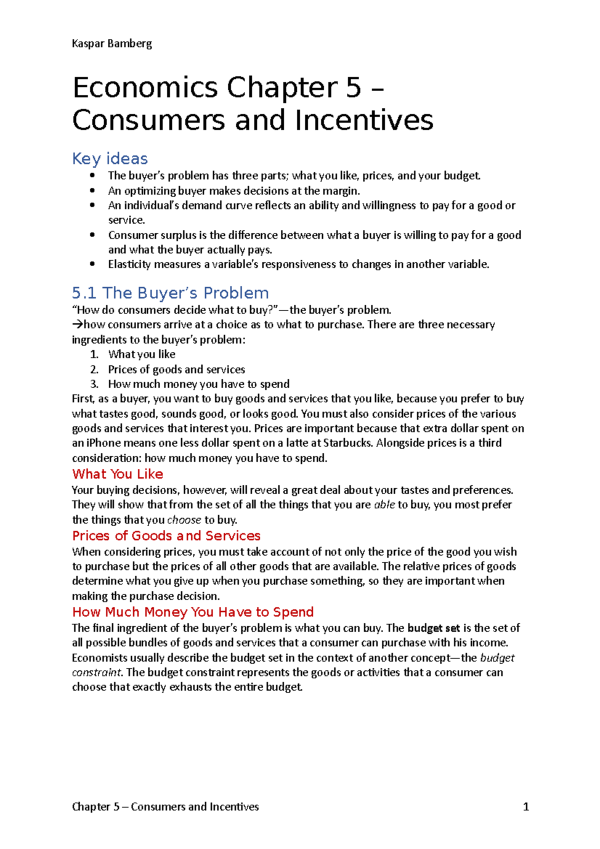 Eand B Chapter 5 summary - Economics Chapter 5 – Consumers and ...