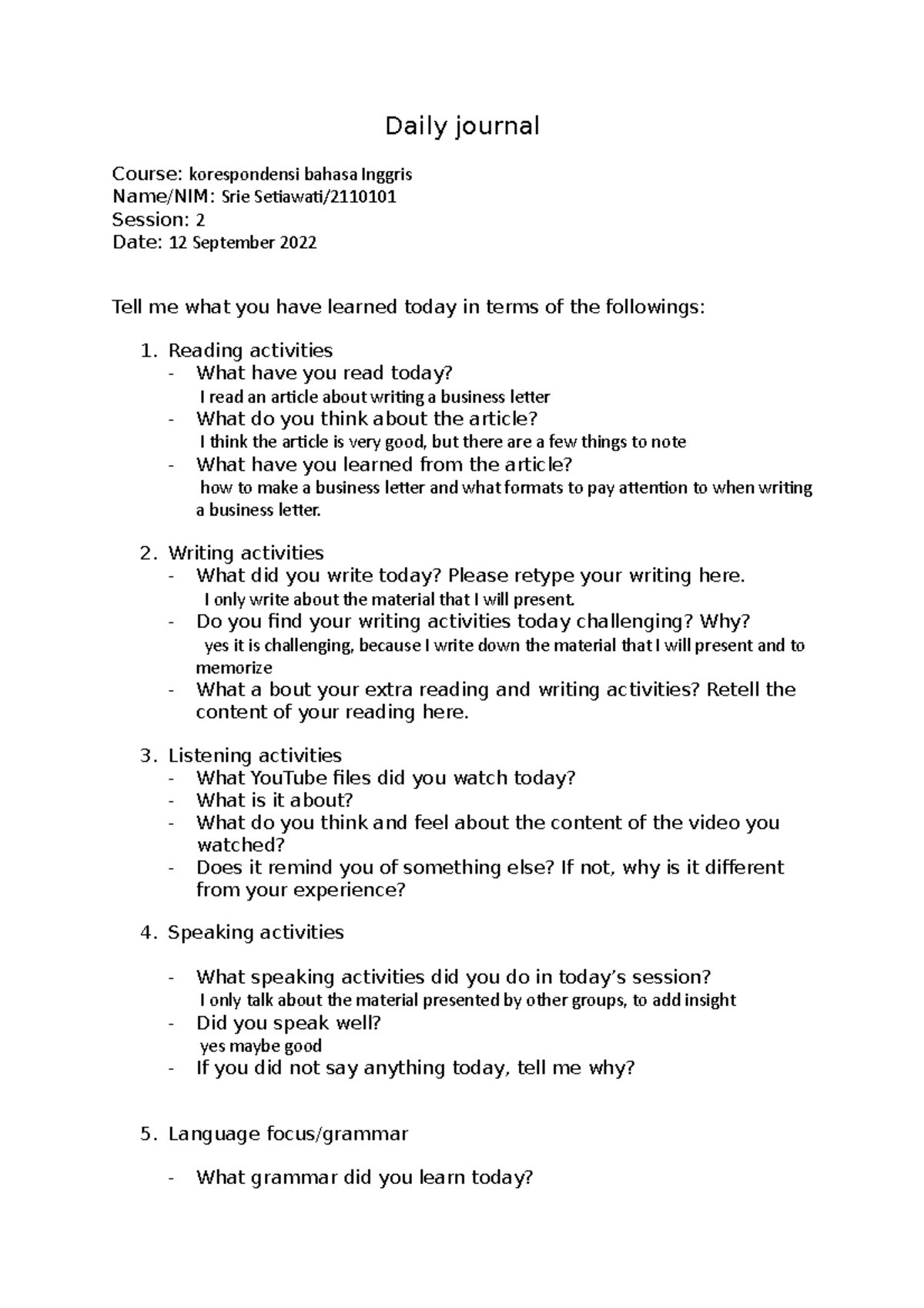 Daily journal at English Course to reflect student's understanding ...