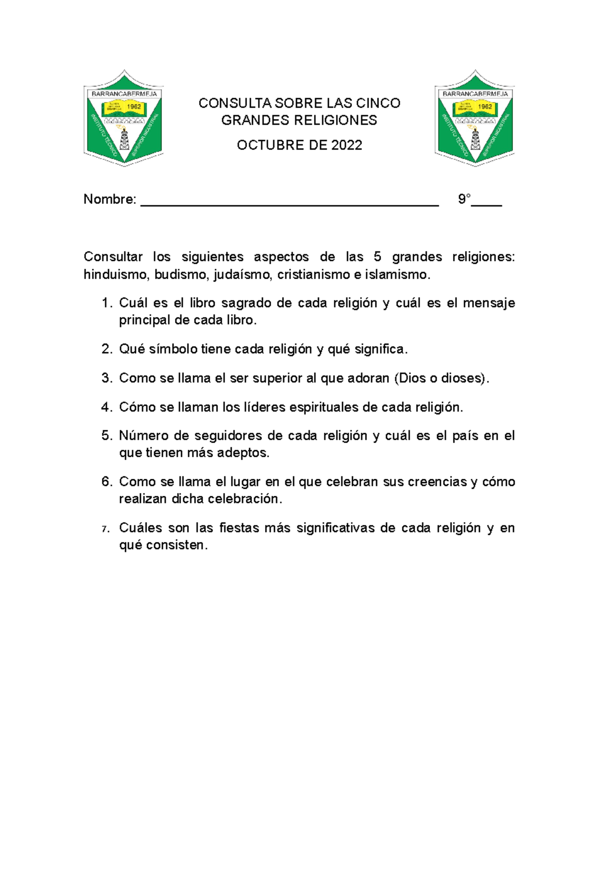Consulta - hshsjs - CONSULTA SOBRE LAS CINCO GRANDES RELIGIONES OCTUBRE ...