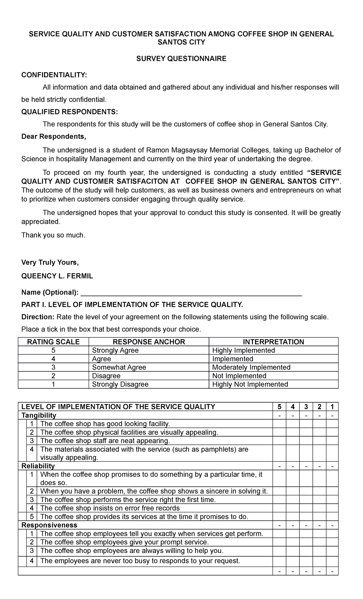 Hrm-Questionnare-2 - guide - SERVICE QUALITY AND CUSTOMER SATISFACTION ...