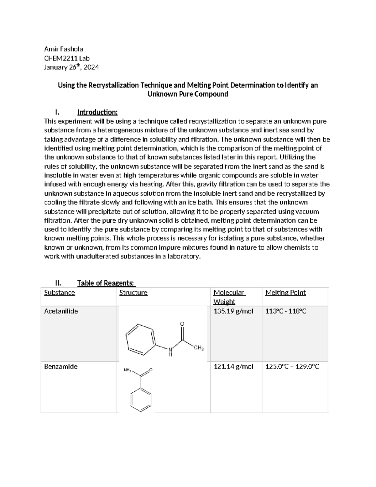 Lab 1- Recrystillization - Amir Fashola CHEM2211 Lab January 26th, 2024 ...