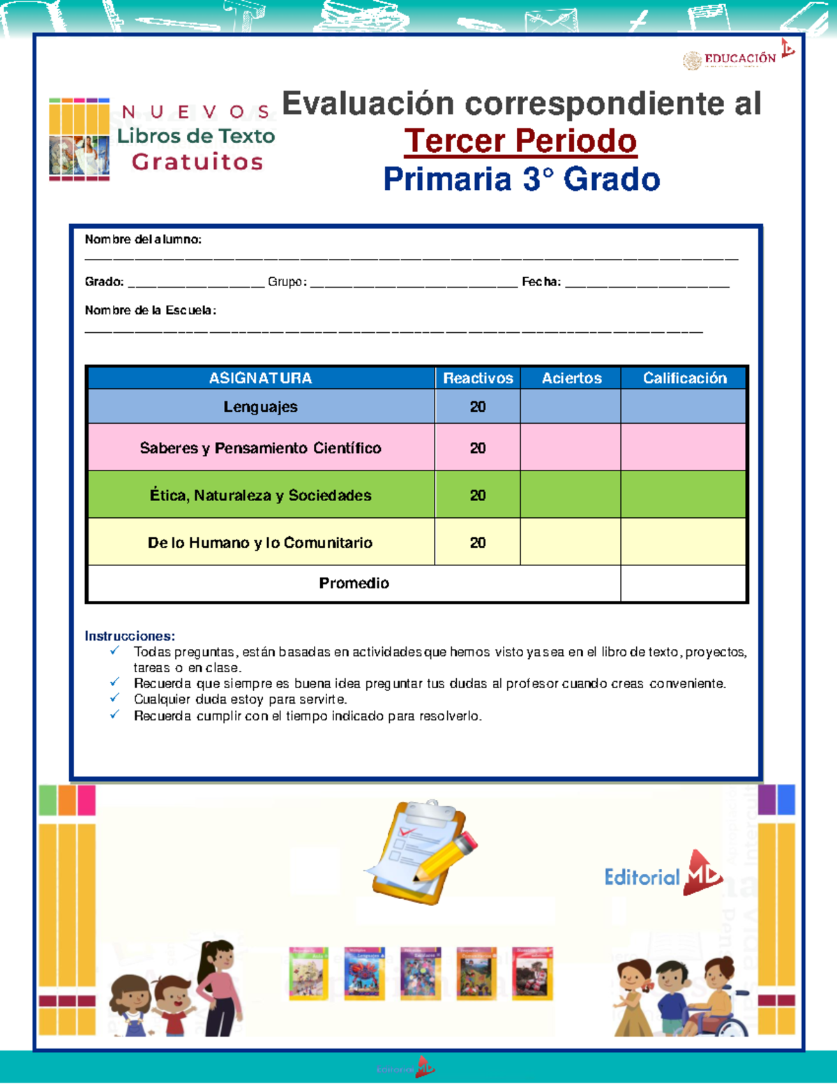 3° Grado Evaluación 3er Periodo MD - Evaluación correspondiente al ...