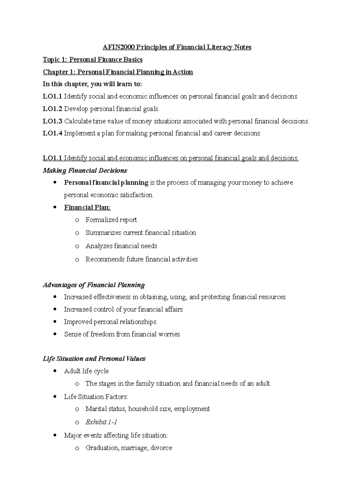 AFIN2000 Principles of Financial Literacy Notes - LO1 Develop personal ...