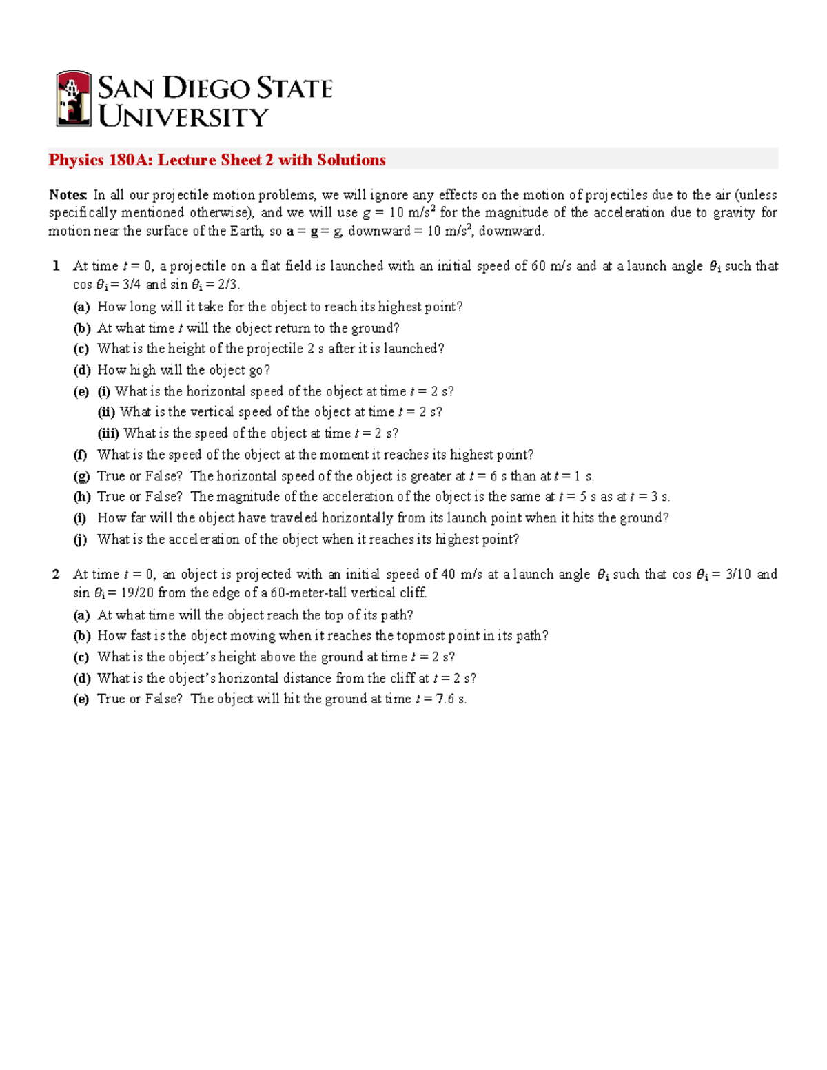 Physics 180A-Lecture Sheet 2 with Solutions - Physics 180A: Lecture ...